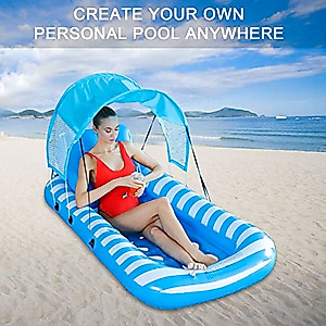 Inflatable Pool Float for Adults with Detachable Canopy and Cup Holder Outdoor Lounge Pool Lounger Rafts with Adjustable Inflatable Pillow for Swimming Lake Beach Vacation (Blue Stripe)