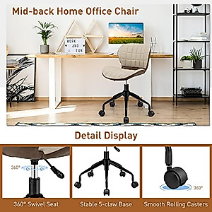 Giantex Home Office Desk Chair, 360° Swivel Height Adjustable Office Chair w/PU Leather, Modern Office Chair, Ergonomic Curved Wood Desk Chairs, Leather Armless Task Chair for Office, Beige & Brown