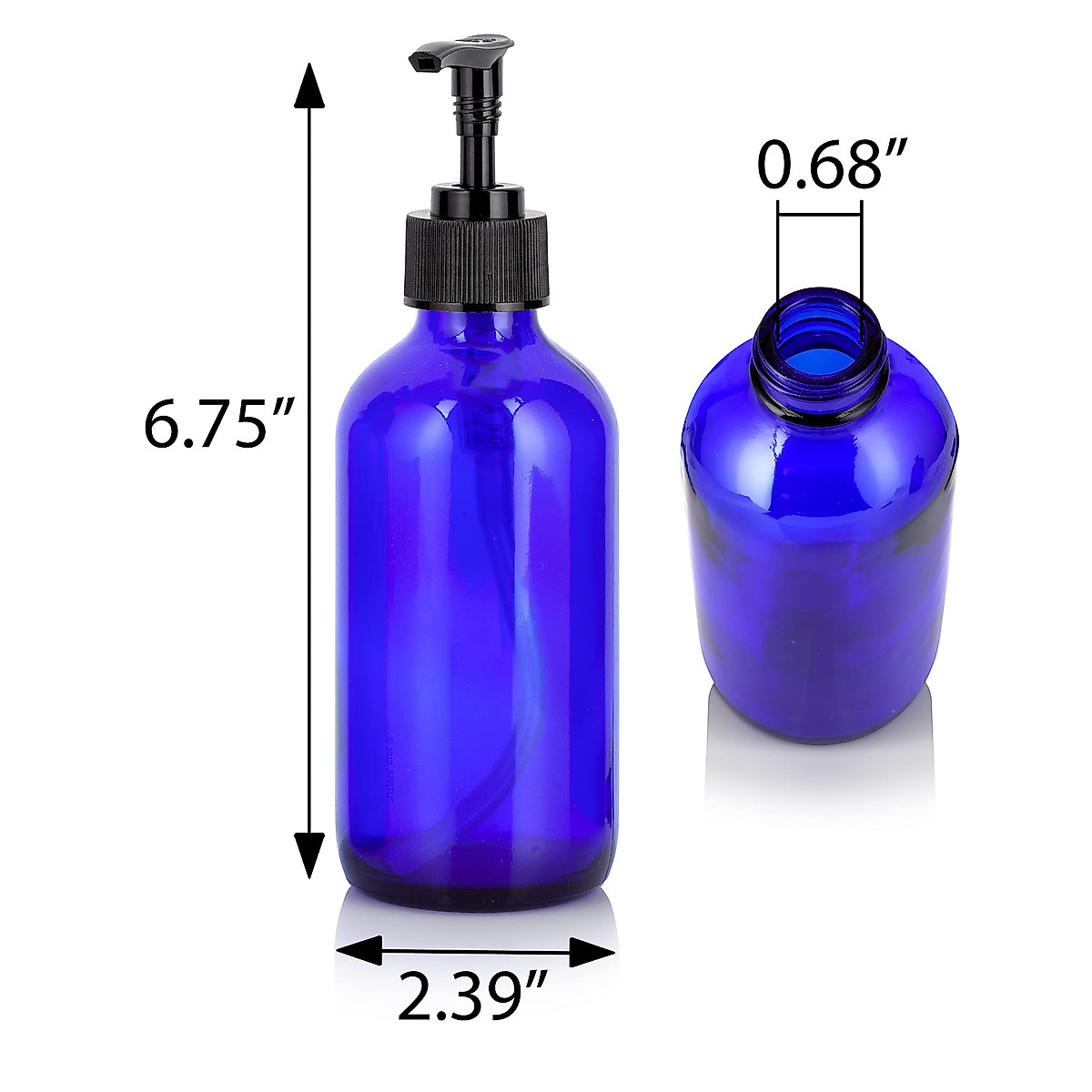 8 oz Cobalt Blue Boston Round Glass Bottles (2 Pack) with Two Closures: Black Lotion Pump and Phenolic Caps