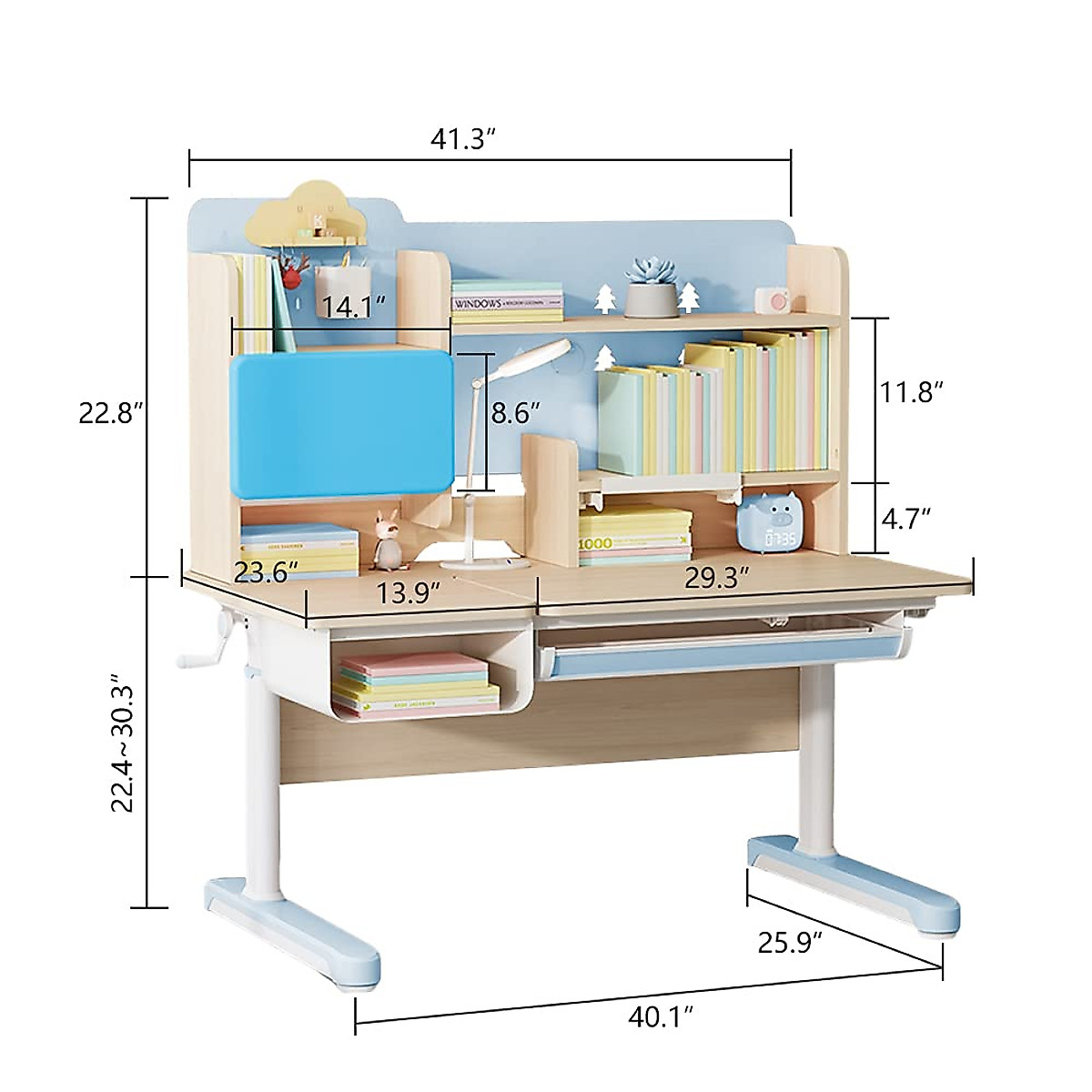 FCD Wood Adjustable Height Ergonomic Kids Study Desk Drafting Table Computer Station Built-in Bookshelf Hutch Multi Function Desktop 43.3" Width (Blue)