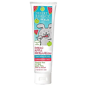 Desert Essence, Green Apple Watermelon Toothpaste Kids Gel, 4.7 oz. - Safe to Swallow, Fluoride Free, SLS Free, Gluten-Free, Vegan, Plant Powered Formula, Great Tasting, Removes Plaque and Buildup