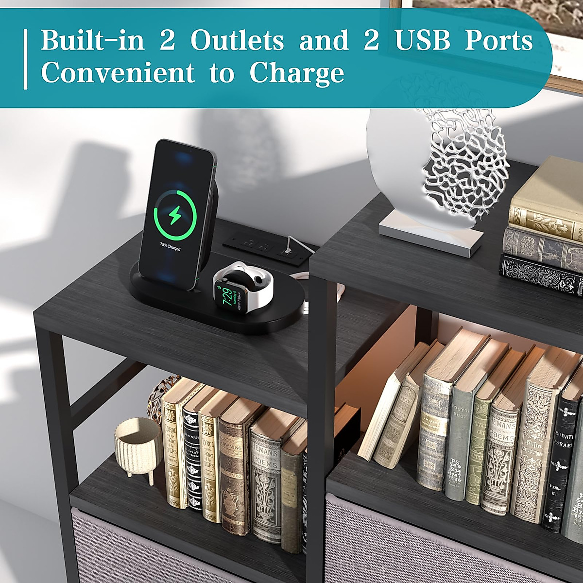 HPWLYO 9 Drawer Dresser with LED Light, Tall Fabric Drawers Dresser for Bedroom with Power Outlets, Dressers & Chests of Drawers with 3 Shelves for Bedroom