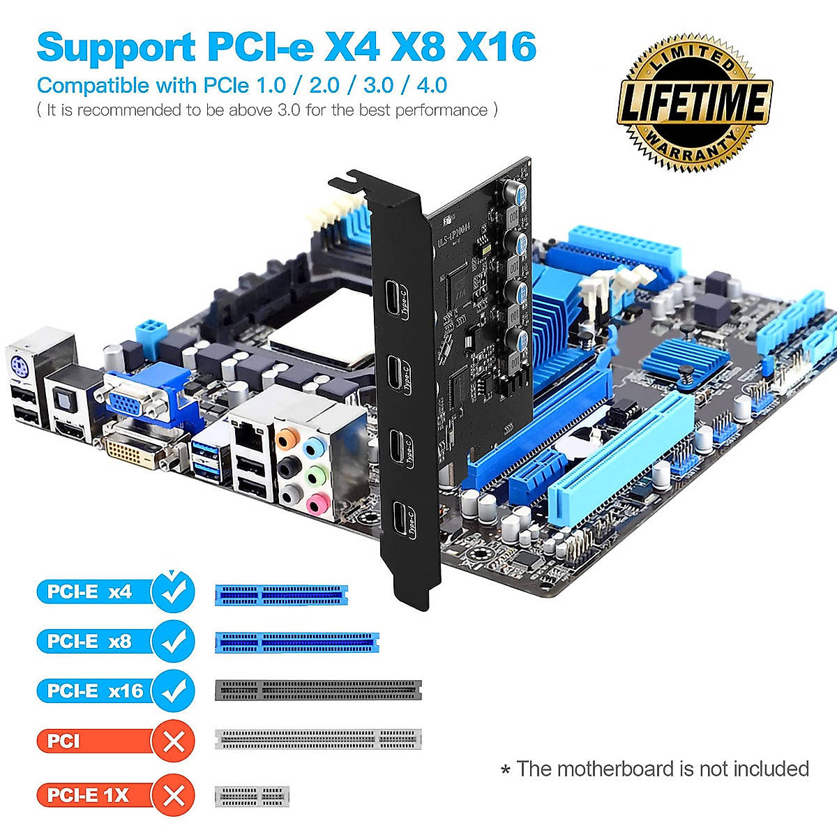 PCIe Gen3 x2 USB 3.2/3.1 Card ASM3142- PCI Express to 4-Port Type C HUB Internal Expansion Card Controller Adapter PCI Express Card Desktop PC Support Multiple INs