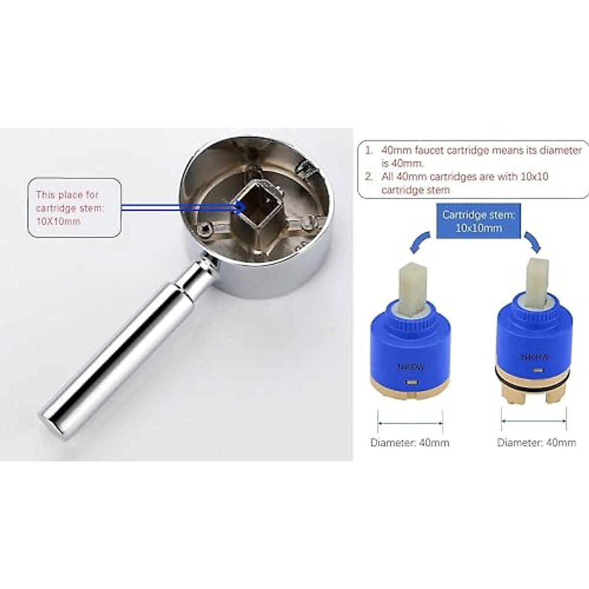 RXXR Single Faucet Handle Compatible with 40mm Tap Cartridge (Cartridge Stem 10 * 10mm) Faucet Replacement Handles Lever for Kitchen Basin Bathroom, Polished Chrome Finish