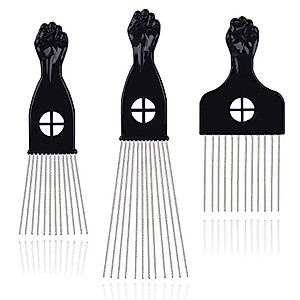 LEADUWAY 3 Pcs Hair Pick, Metal Picks for Afro Hair, Hair Picks for Women and Men, Afro Combs, Fist Pick for Hair, Hair Comb for Hair Styling Black