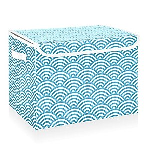 CaTaKu Storage Bins with Lids Japanese Wave Fabric Large Storage Container Cube Basket with Handle Decorative Storage Boxes for Organizing Clothes Shelves