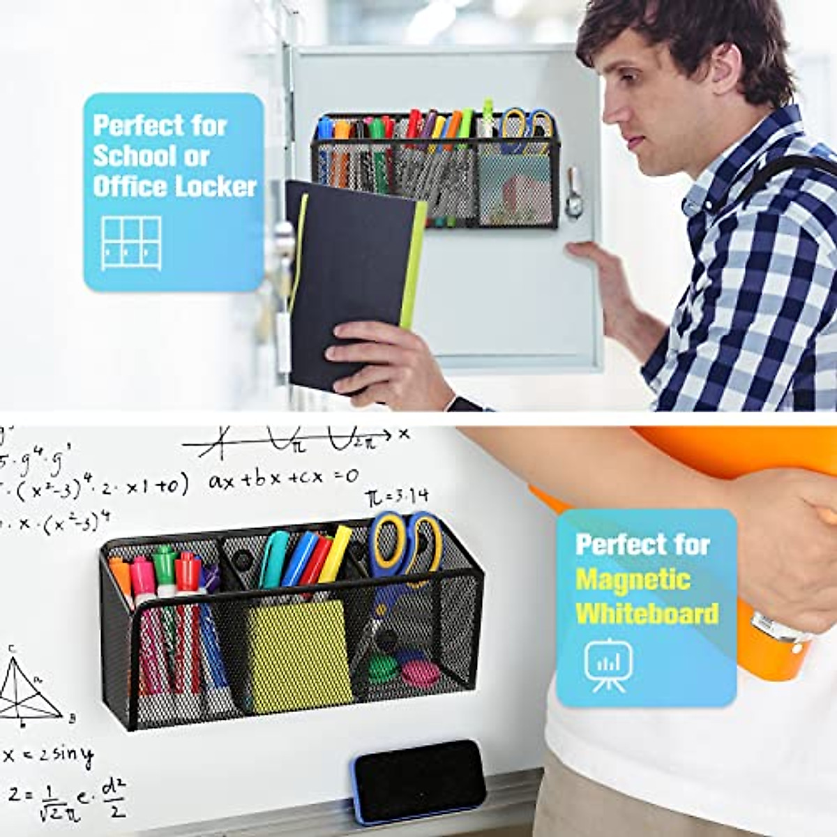 MaxGear Magnetic Pen Holder, Mesh Pencil Holder for Desk Storage Basket Organizer Magnetic Marker Holder - Extra Strong Magnets Perfect for Locker Accessories, Whiteboard, School, Office, 3 Baskets