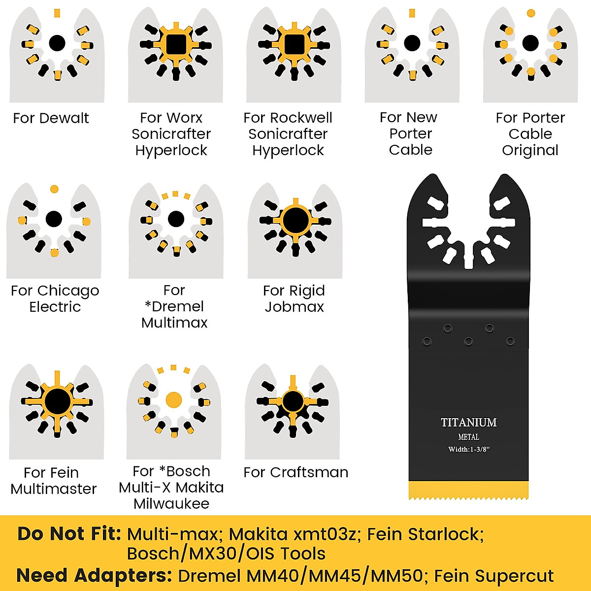 JTWEB 12PCS Titanium Oscillating Saw Blades, Multitool Blades for Cutting Hard Material, Metal Nails Wood and Plastic, Oscillating Tool Blades fit Dewalt Rockwell Milwaukee Makita Bosch