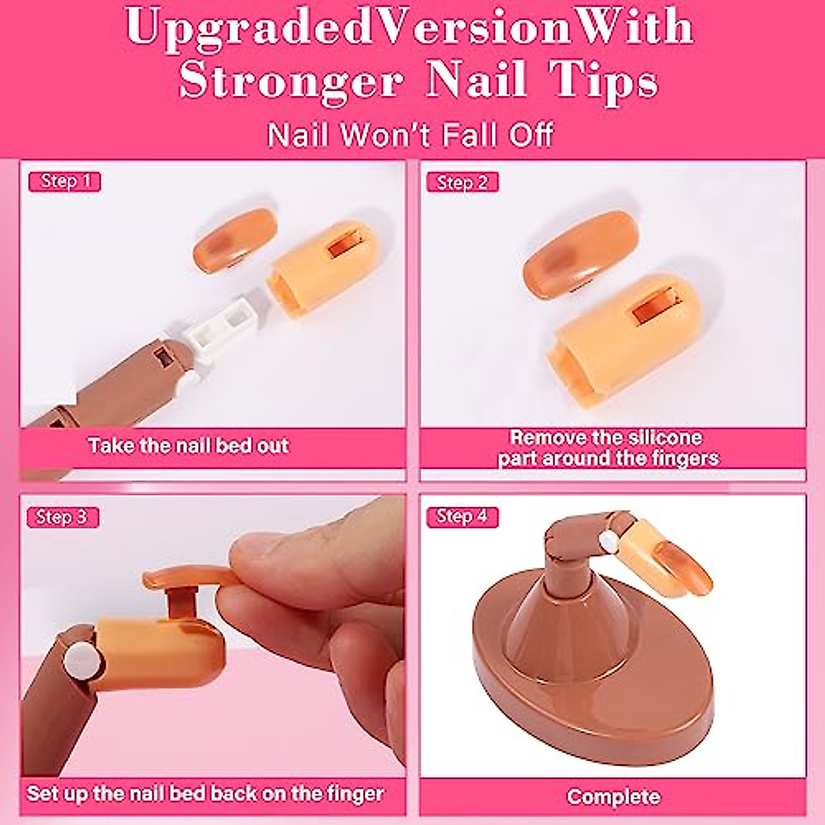 Nail Practice Finger for Acrylic Nails, 3PCS Adjustable Fake Mannequin Fingers with 1PC Acrylic Finger Base and 100PCS Brown Nail Tips, Movable Flexible Training Fake Finger Nail to Practice Nail Art