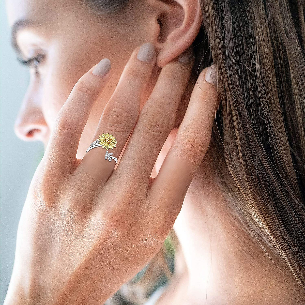 Fidget Rings for Anxiety for Women Sunflower Initial Letter Spinner Ring Open Adjustable Ring CZ Rings Daisy Stress Relieving Ring Jewelry Gift for Women Valentine's Day You are My Sunshine Ring