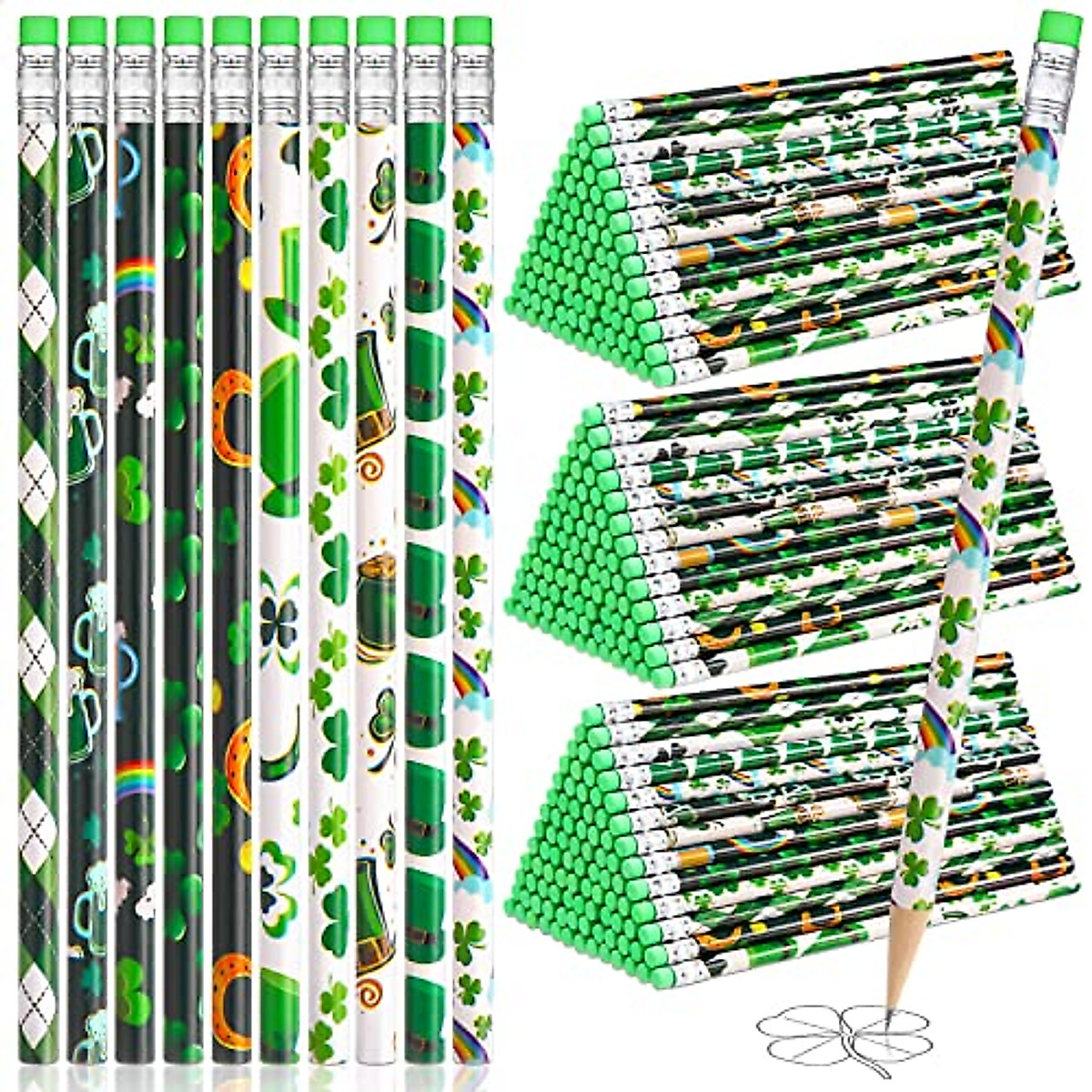 Zubebe 600 Pieces St Patrick's Day Pencils with Eraser Wood Shamrock Pencils Lucky Shamrock School Pencils Green Pencils for St Patrick's Day Party Kids Awards Holiday School Supplies
