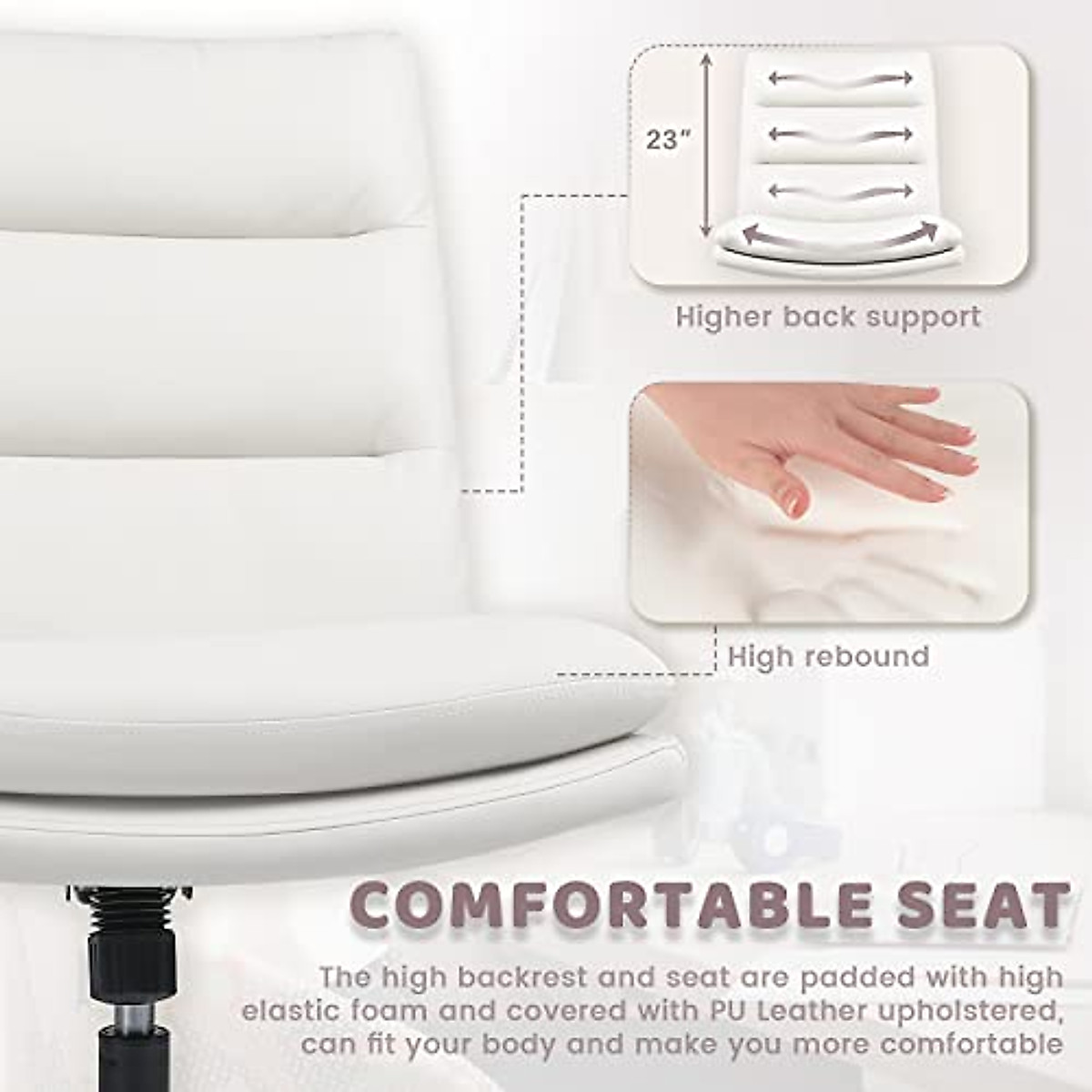 LEMBERI PU-Padded Armless Office Desk Chair No Wheels,High-Back Wide Seat Home Chair,120° Rocking Cross Legged Computer Task Chairs,Modern Adjustable Swivel Vanity Chairs (White)