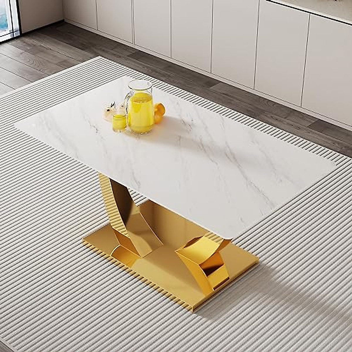 Goderfuu Glass Dining Table for 6 People, 63 inch Modern Kitchen Table with Gold Metal U-Base, White Marble Textured Glass Dining Table Pedestal Dinner Table, Faux Marble Dining Table for Dining Room
