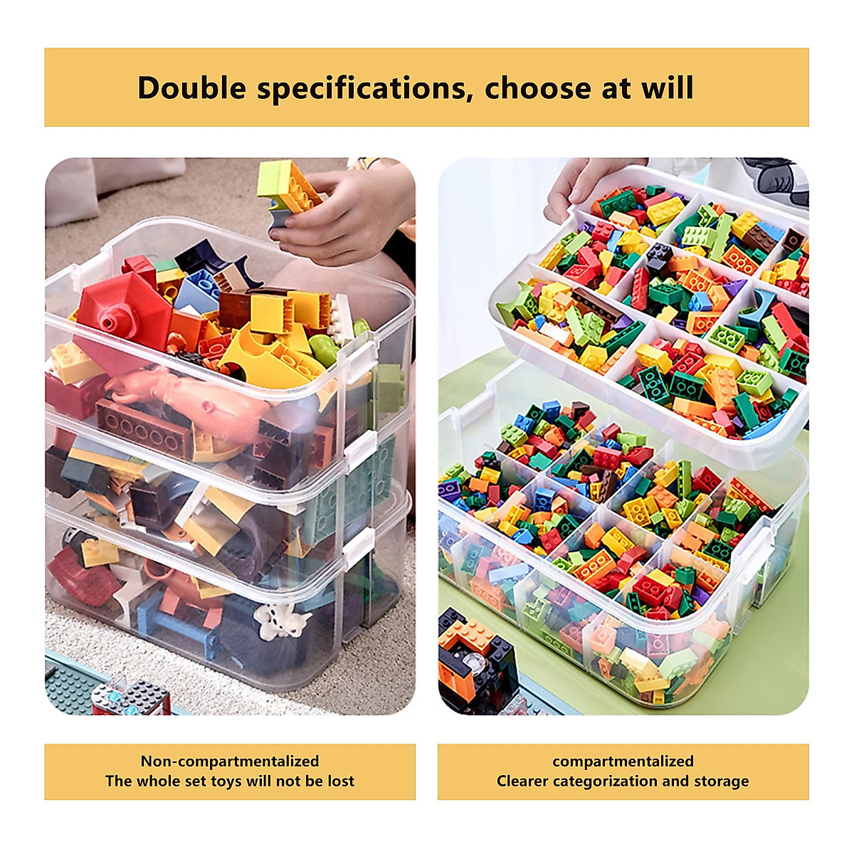 Building Blocks Storage 1 Layer Plastic Toy Storage Organizer for Lego Box Clear Toy Storage Bins with Baseplate Lid and Removable Tray for Bead Tool Sewing