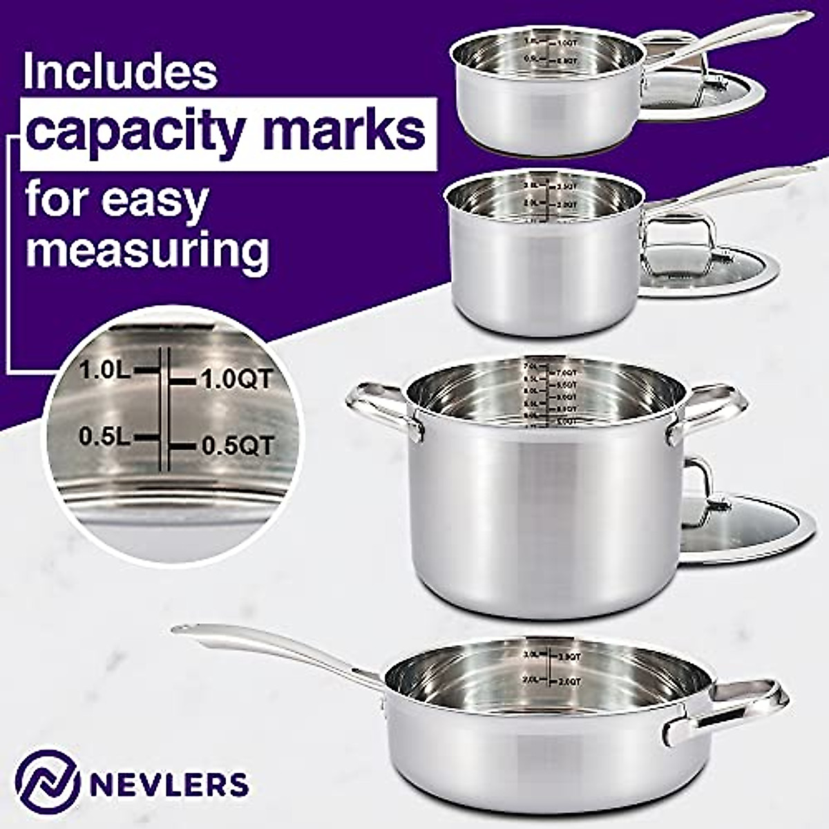 Nevlers 10 Piece Multi-Clad Tri-Ply 18/8 Stainless Steel Cookware Set - Pots and Pans Set - Makes for a Great Cooking Set for Your Kitchen - It is Dishwasher Safe Too!