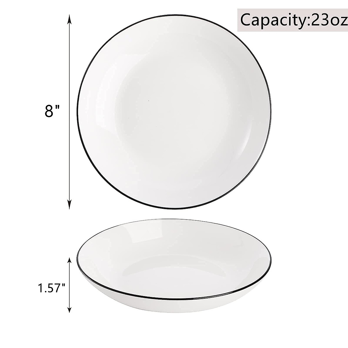 Dicunoy 6 Pack Pasta Plates, 8" Porcelain Salad Bowls, Shallow White Dinner Soup Serving Plate, Spaghetti Dishes with Black Rim for Cereal, Dessert, Snack, Microwave & Dishwasher Safe