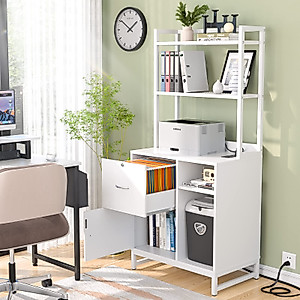 Homieasy Vertical Filing Cabinet with Lock & Charging Station, Large Drawer Wood File Cabinet with Bookshelf, Printer Stand with Open Storage Shelf, fits Letter Size for Home Office, White
