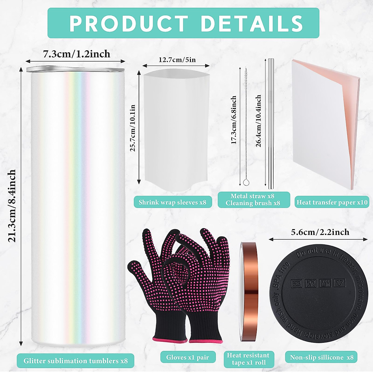 Zhehao 8 Pcs 20 oz Glitter Sublimation Tumblers Bulk Rainbow Paint Straight Skinny Steel Blank Tumbler Set with Lid Straw, Brush, Base, Shrink Wrap, Heat Resistant Gloves, Heat Transfer Tape, Paper