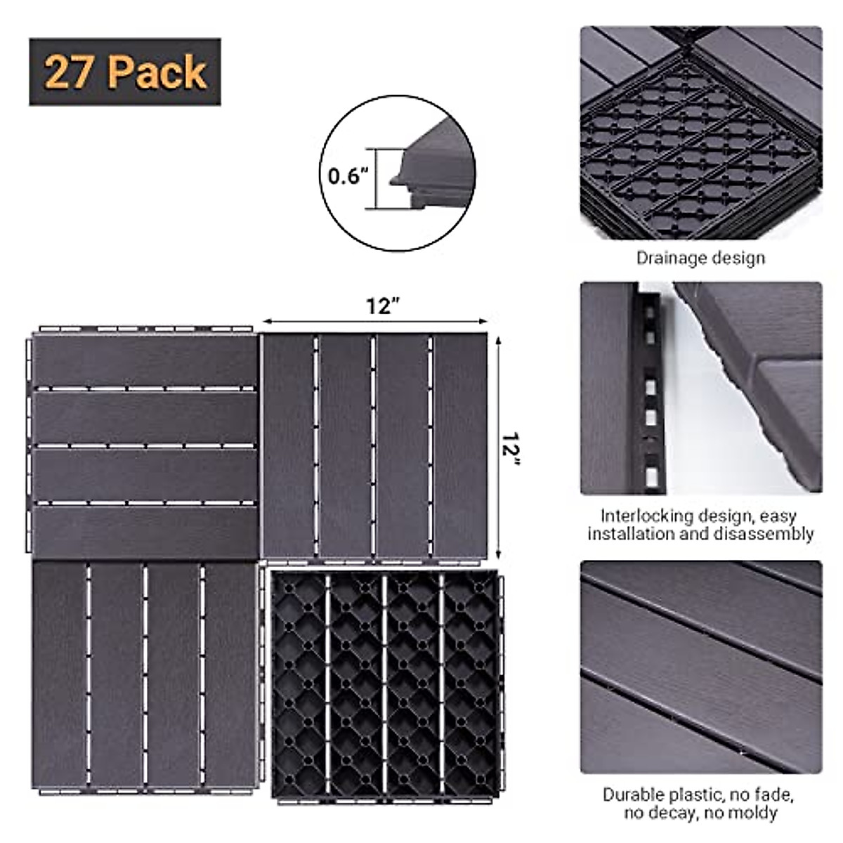 LYMJARD Interlocking Deck Tiles, 27 Pack Plastic Outdoor Flooring, 12"x12" Weatherproof Patio Tiles for Outside Balcony Garden Poolside Pathway Brownish Grey