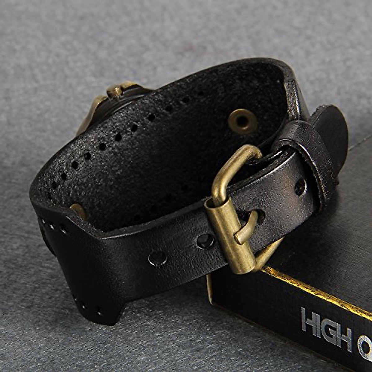 Avaner Unisex Punk Retro Bronze Round Dial Black Wide Leather Belt Strap Cuff Bracelet Roman Numerals Analog Quartz Wrist Watches