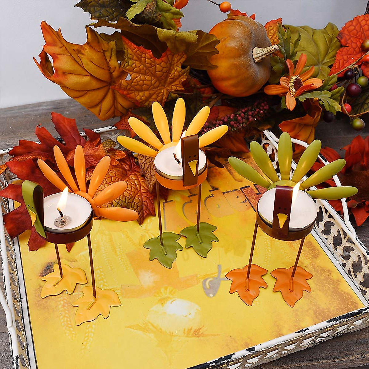 Decorative Candle Holder Thanksgiving Turkey Decorations Set of 3, Metal Turkey Home Decor Accent Rustic Tealight Candle Holder Centerpiece for Dining Room Table, Coffee Table Decor
