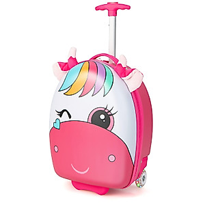 Goplus Kids Luggage, 16’’ Carry on Suitcase with LED Wheels, Waterproof Hard Shell, Lightweight Rolling Luggage for Travel, Birthday Christmas Gifts for Toddlers, Children, Boys, Girls (Pink)