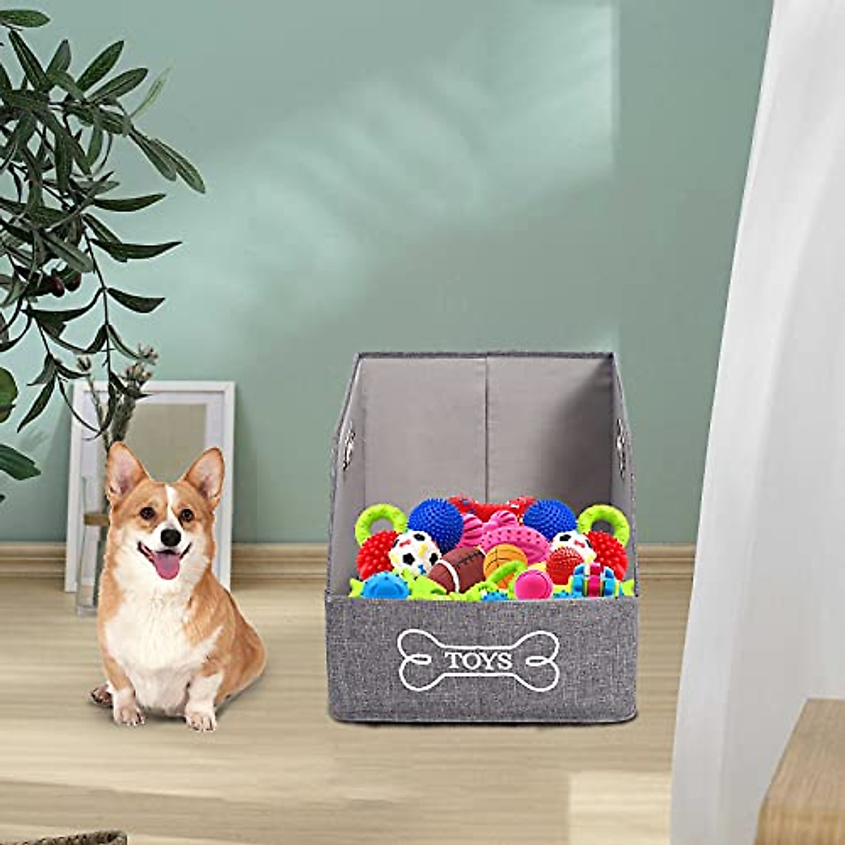 Brabtod Foldable Storage Bin - Rectangle Storage Basket with Handle, Organizer Bin for Pet Toys, Diaper, Shelves, Closet -Gray