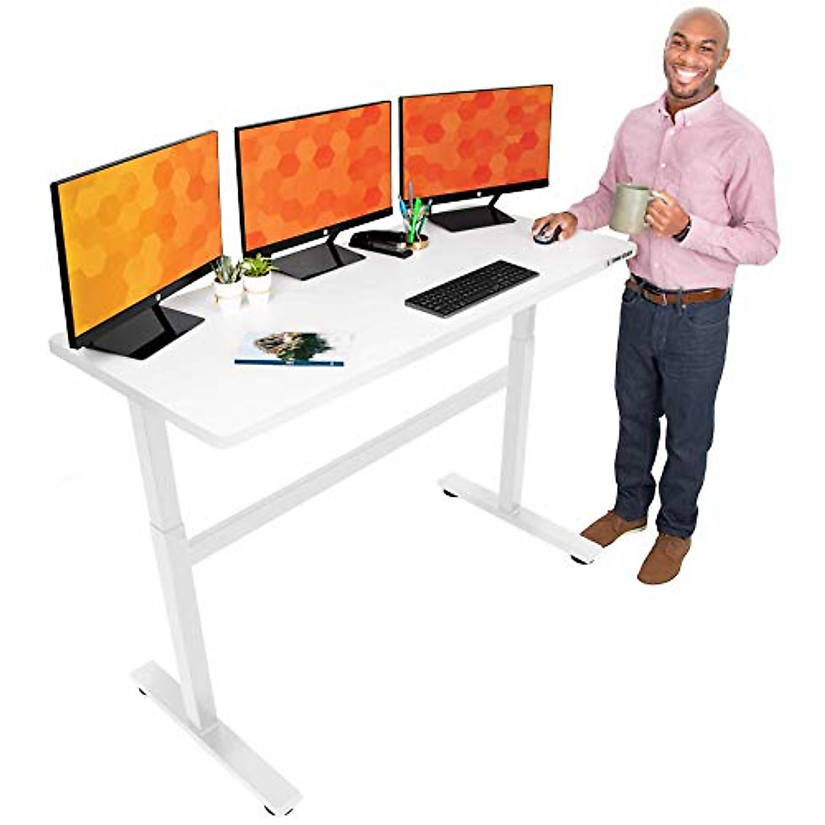 Stand Steady Tranzendesk 55 Inch Standing Desk | Easy Crank Height Adjustable Sit to Stand Workstation | Modern Ergonomic Desk Supports 3 Monitors | Perfect for Home & Office (55"/ White)