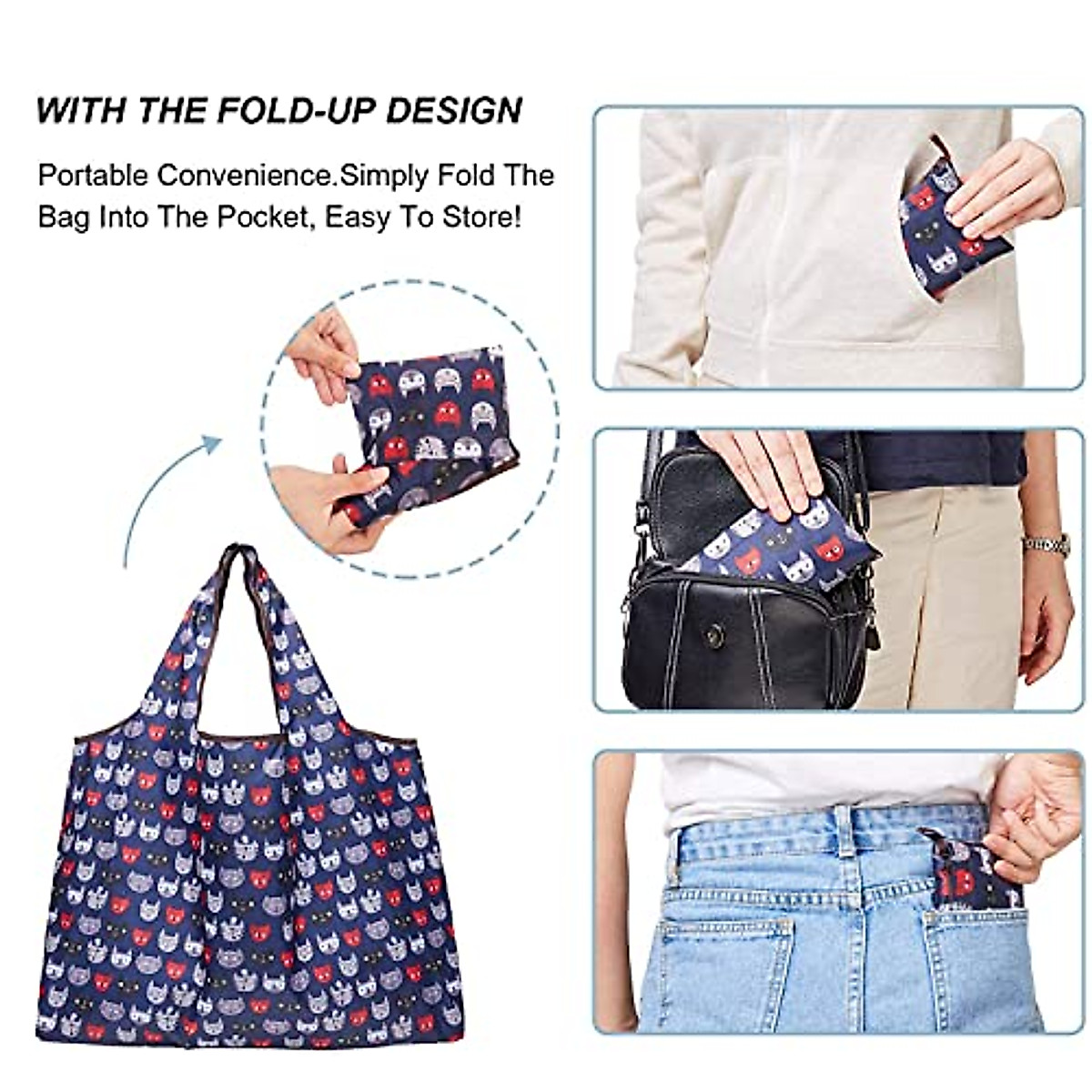 ZEWZE Reusable Shopping Bag, Foldable, Washable Grocery Tote with Pouch, environmental protection, light, small and portable (Cat (blue)+Cat (yellow))