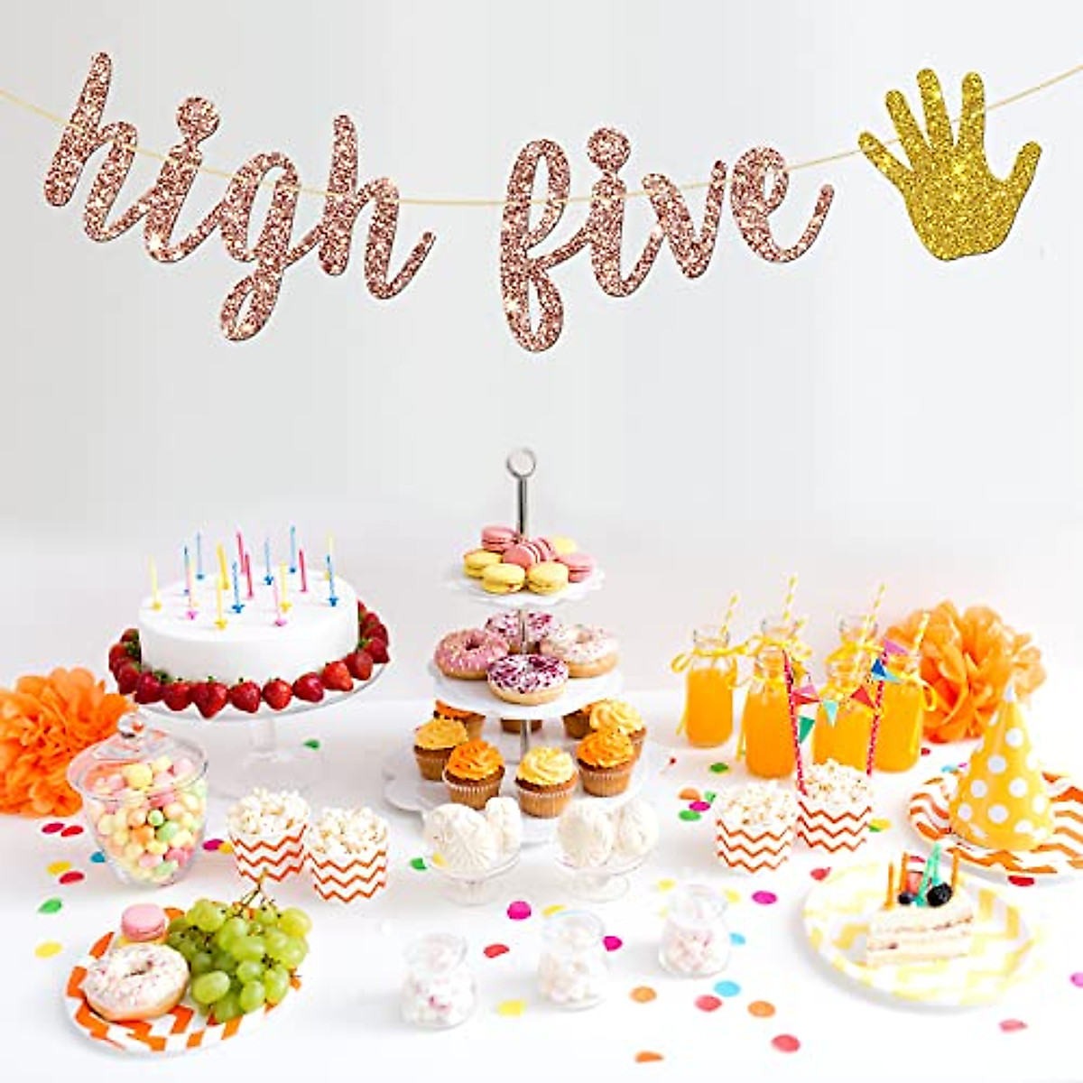 INNORU High Five Banner, Rose Gold Glitter Children 5th Birthday Party Decorations, 5th Birthday Garland Bunting, Boy Girl 5th Birthday Party Supplies