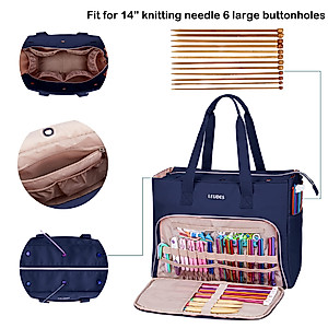 Crochet Tote Bag,Leudes Knitting Bag Fits 15.6 Inch Laptop Yarn Storage Organizer Large Yarn Holder Hook Case for Knitting & Crochet Supplies (Navy Blue)