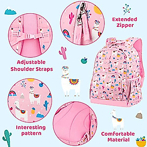Choco Mocha Llama Backpack Elementary School Backpack for Kids & Girls 17 inch Backpack for 2nd 3rd Grade Llama Bookbag School Bag 6-8 with Chest Strap Pink