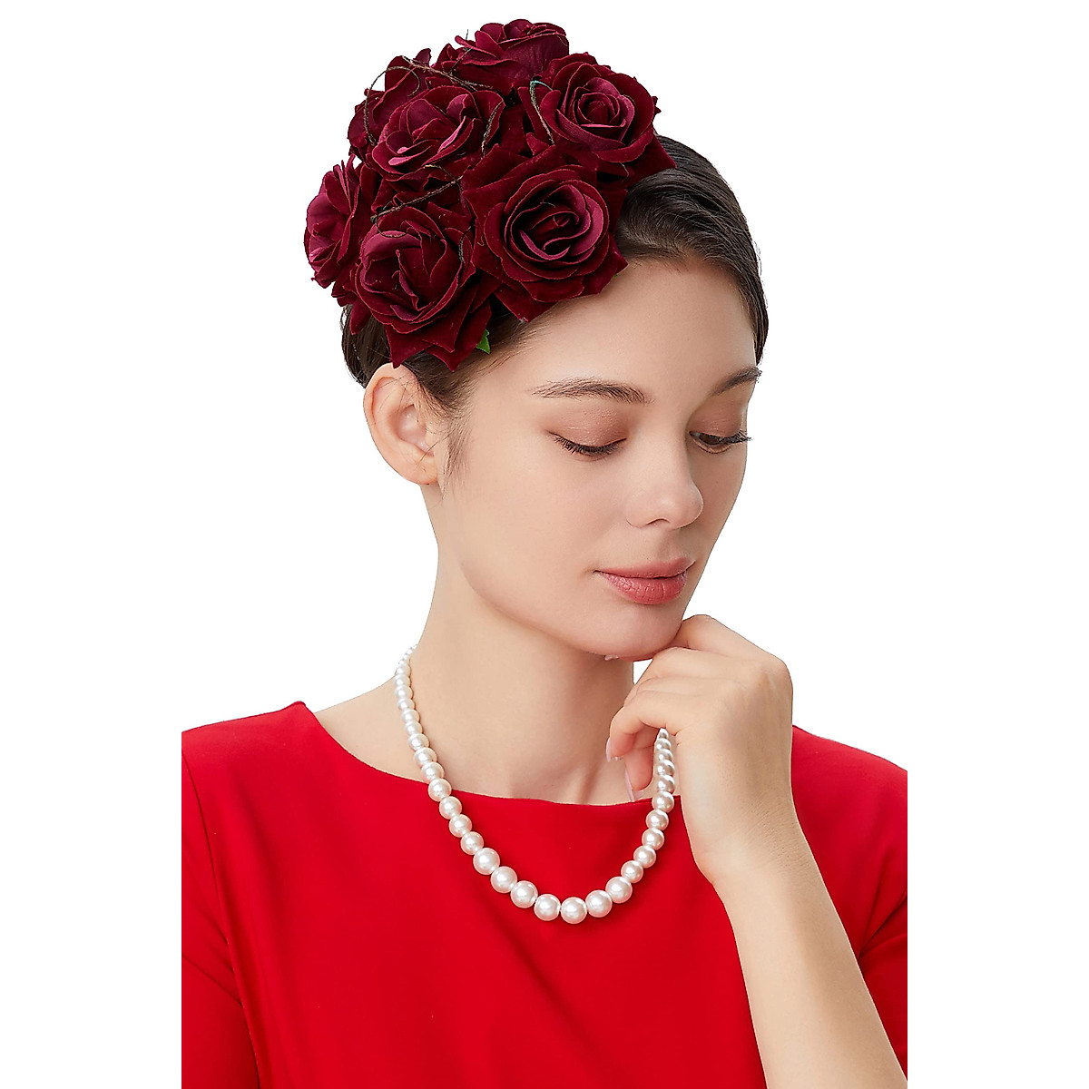 BABEYOND Floral Fascinators for Women Feather Fascinators Headband for Cocktail Tea Party (WineRed)