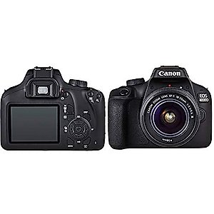 Canon EOS Rebel T100 / 4000D DSLR Camera with 18-55mm Lens + 64GB Memory Card + Case + Card Reader + Flex Tripod + Hand Strap + Cap Keeper + Memory Wallet + Cleaning Kit (Renewed)