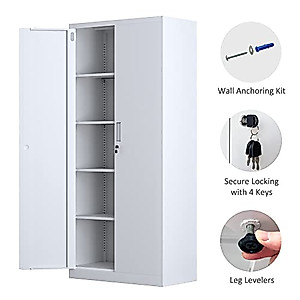 iJINGUR Metal Storage Cabinet with Locking Doors and Shelves for Garage Home Office, Lockable Tall Steel Storage Cabinets with Lock, Tool Holder and File Organizer Pocket Included (White)