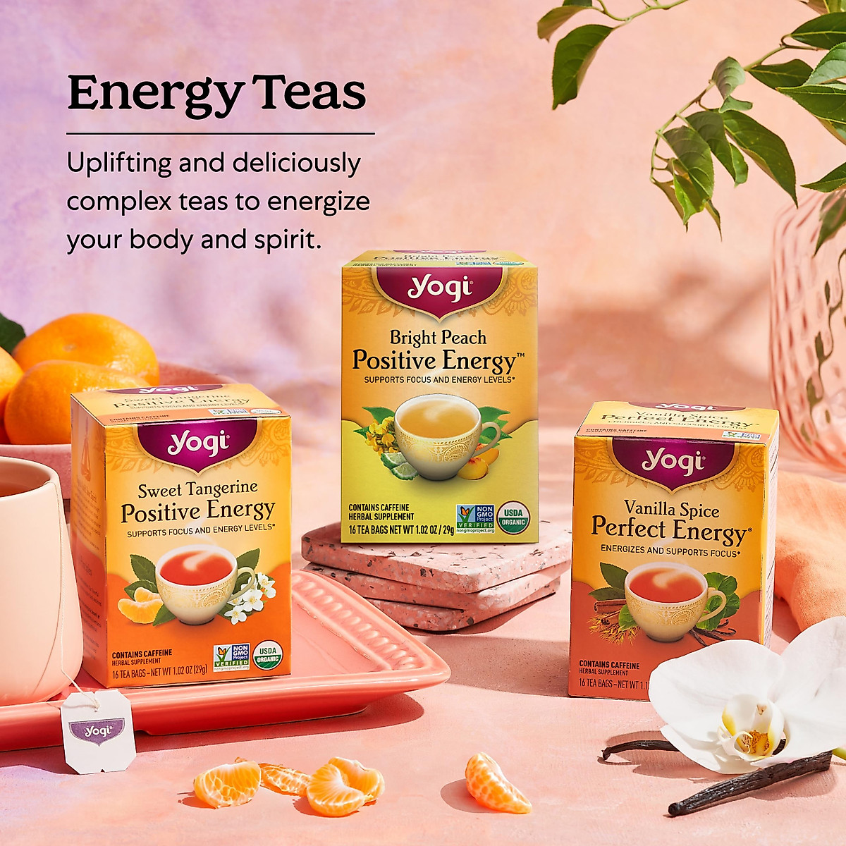 Yogi Tea - Energy Tea Variety Pack Sampler (3 Pack) - Sweet Tangerine Positive Energy, Raspberry Passion Perfect Energy, and Vanilla Spice Perfect Energy - Contains Caffeine - 48 Tea Bags