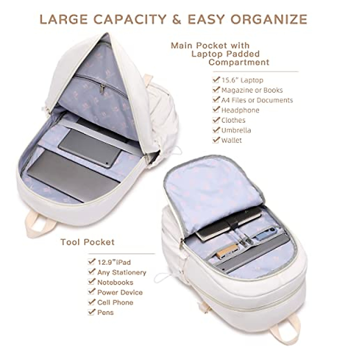 LXYGD Laptop Backpack 15.6 Inch Kids Elementary Middle High School Bag College Backpacks Anti Theft Travel Back Pack Large Bookbags for Teens Girls Women Students (Off-white)