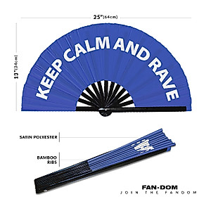 Keep Calm and Rave hand fan foldable bamboo circuit hand fan funny gag slang words expressions statement gifts Festival accessories Rave handheld Circuit event fan Clack fans (Blue)