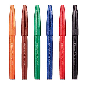 Pentel SES15C Black, Red, Blue, Green, Brown and Orange Brush Sign Pen (1pcs Each) - Value Pack