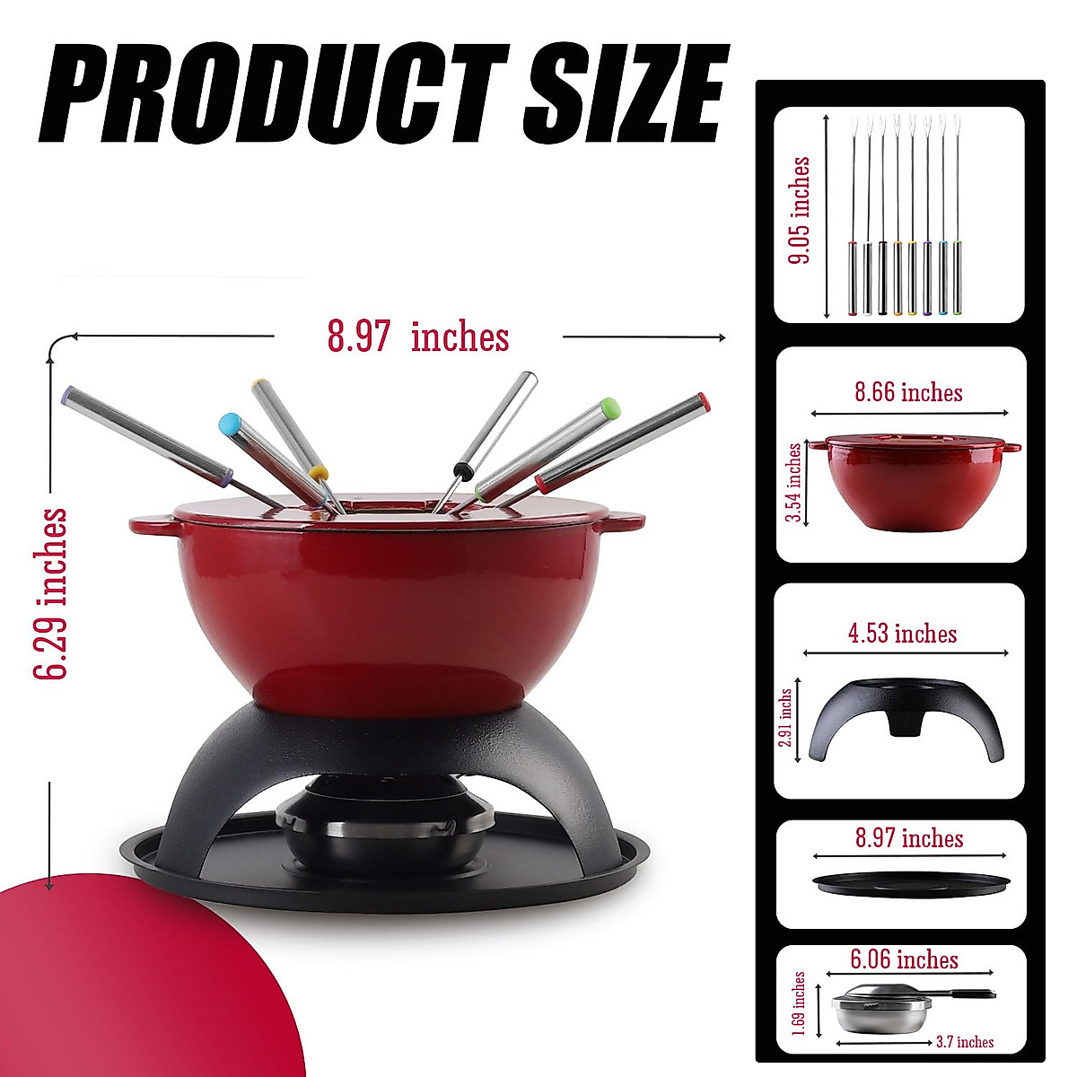 Artestia 11-Piece Cast Iron Fondue Set with Adjustable Burner 6 Colored Forks, 5-Cup Red Cheese Fondue Pot, Perfect for Chocolate, Caramel, Meat, 4-6 Person