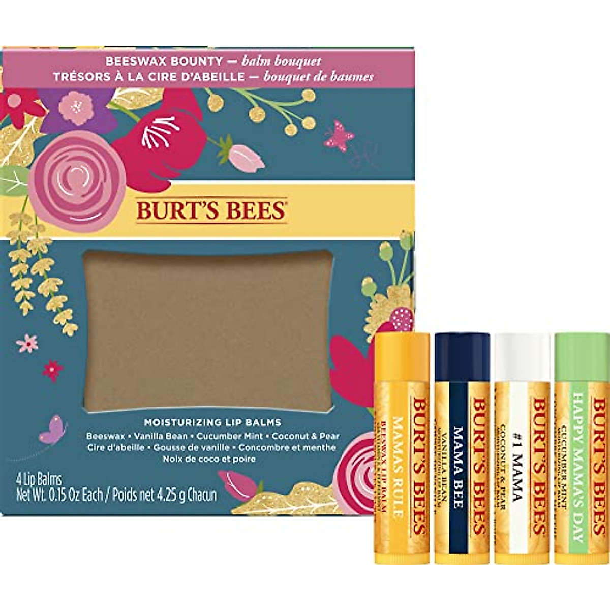 Burt's Bees Gifts, 4 Lip Balm Products, Balm Bouquet Spring Set - Classic Beeswax, Vanilla Bean, Cucumber Mint & Coconut Pear (4 Pack)