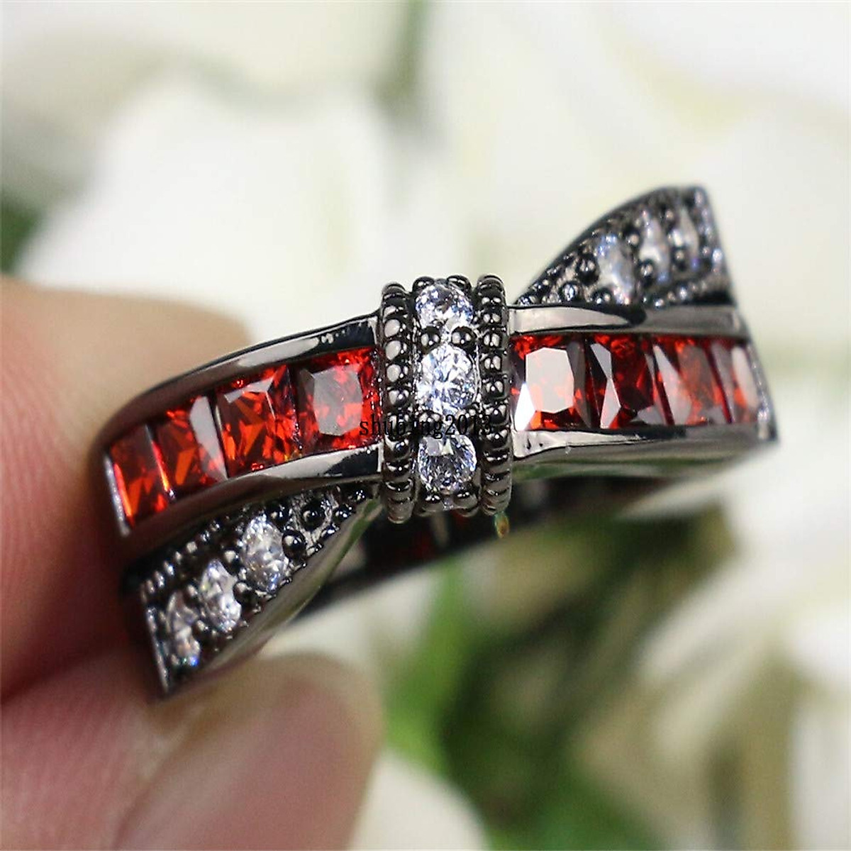 LOVERSRING Two Rings His and Hers Couple Ring Bridal Set His Hers Women Black Gold Filled Red Cz Man Tungsten Carbide Wedding Ring Band Set