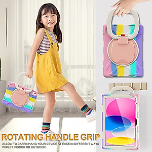 SCSVPN Case for iPad 10th Generation 2022 10.9 inch with Rotating Stand-Handle Grip-Shoulder Strap-Pencil Holder, Shockproof Kids Girls Women Cover for iPad 10 Case A2696 A2757 A2777 (Rainbow Pink)