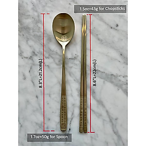 cozymomdeco Korean Made Chopsticks Spoon Set with Korean Letter Hangul Engraved Gold Color 18-10 Stainless Steel Stocking Stoffer Gift for Mom