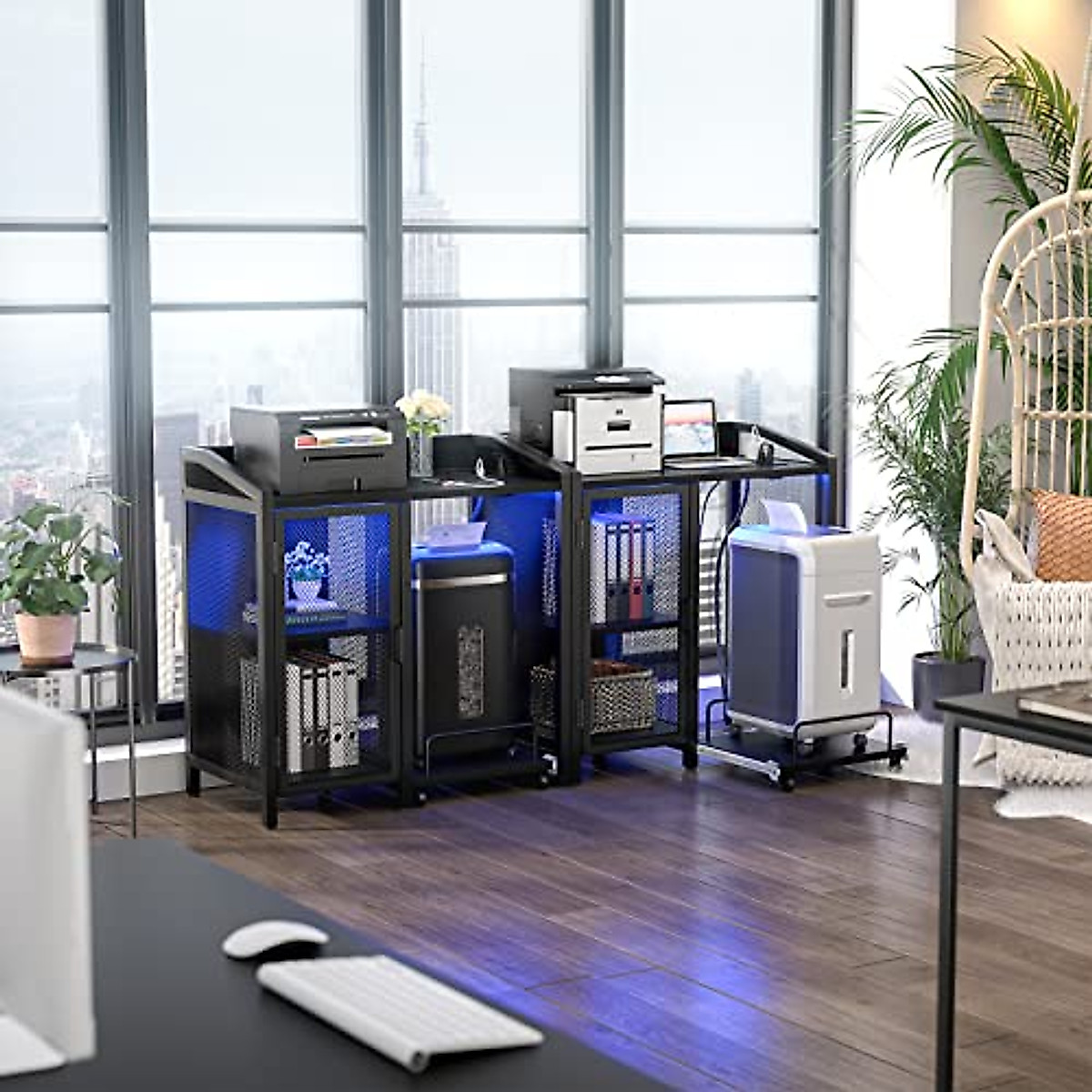 Unikito Modern Printer Stand with Sockets and LED Light, File Cabinet with Shredder Stand On Slide Wheel, Large Printer Cabinet with Adjustable Storage Shelves and Mesh Door for Home Office, Black