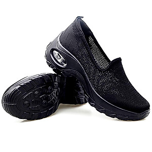 Aconhop Platform Sneakers Casual Shoes Women Slip-on Wedges Mesh Breathable Non-Slip Comfort Walking Shoes Black-36
