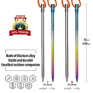 TITO Titanium Outdoor Camping Straight Nail Pegs Stakes with Size 5mm/6mm Pack of 6 (Colorful 5.0×165mm)