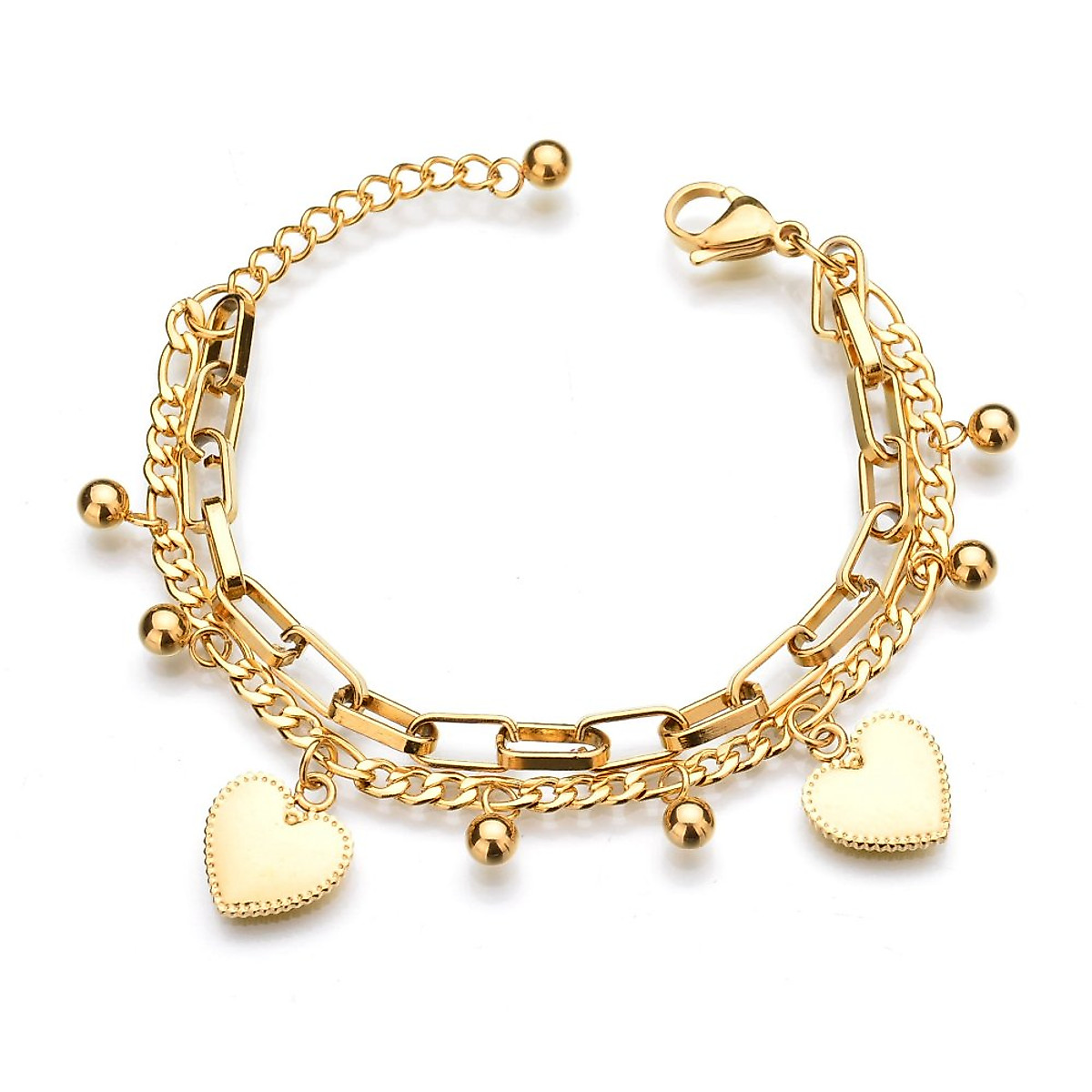 LUREME 18K Gold Stainless Steel Multi Chains Bracelet with Ball and Heart Charms for Women (bl003259)