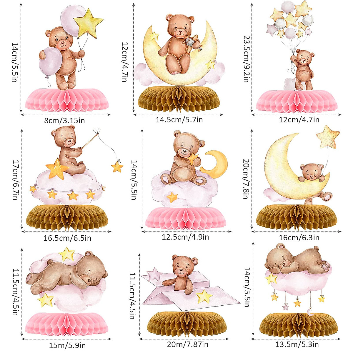 9 Pcs Bear Baby Shower Honeycomb Centerpieces Party Decorate Pink Little Bear Balloons Paper Topper Honeycomb 3D Table Decoration for Kids Party Baby Shower Party Supplies