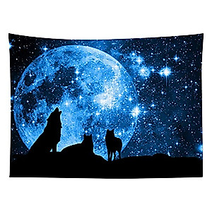 HVEST Wolf Tapestry Wall Hanging Full Moon in Blue Space Tapestries Wild Animal Wolves Wall Decor Blanket for Kids Bedroom Living Room Dorm Party (48X36")